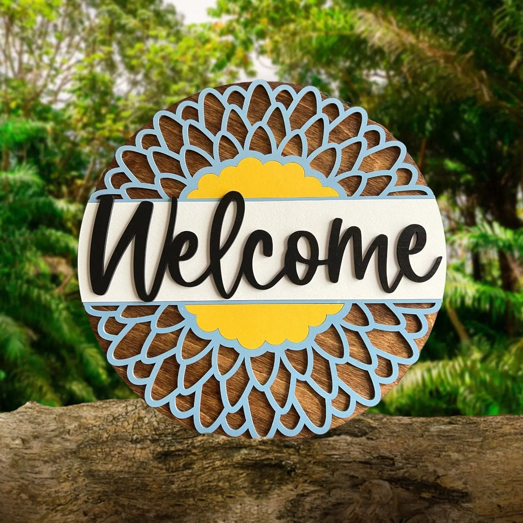 Sunflower Welcome Round Sign – Rustic Halo